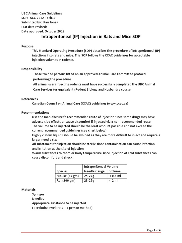 Intraperitoneal Ip Injection in Rats and Mice Sop | PDF | Injection ...