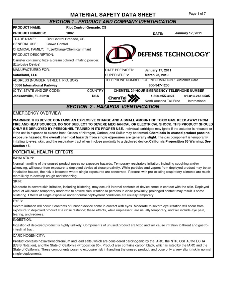 Defense Technology 1082 - Riot Control Grenade CS MSDS | PDF ...