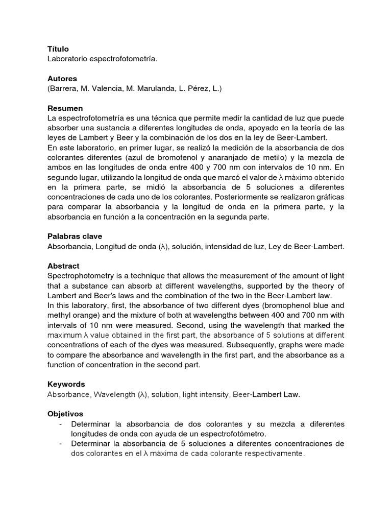 Laboratorio Espectrofotometría Pdf Espectrofotometria Ligero