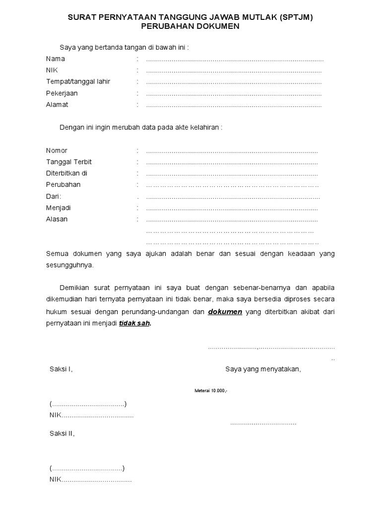Contoh SPTJM Perubahan Akta Kelahiran | PDF
