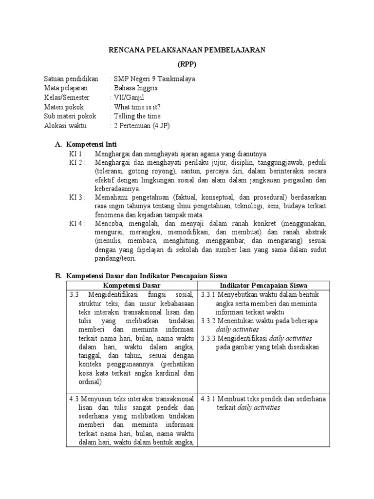 RPP Bahasa Inggris Kelas 7: Telling Time | PDF