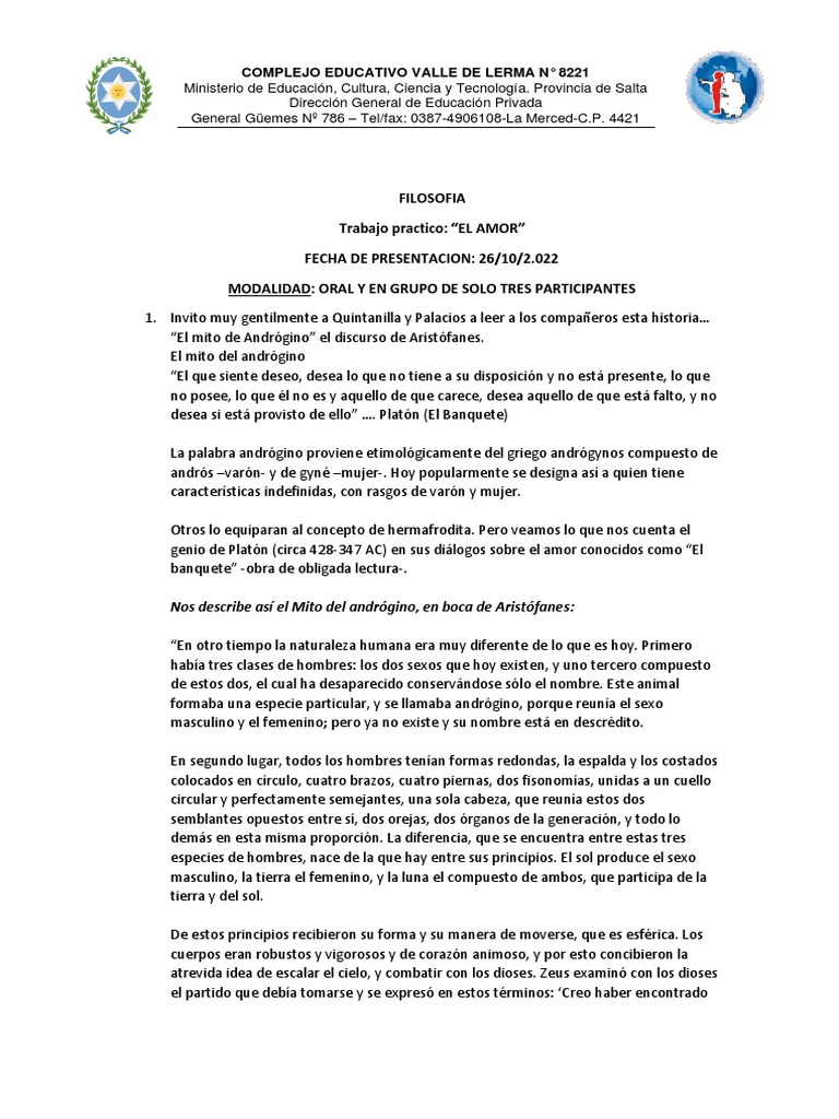 Mito del Andrógino y el Amor en Filosofía | PDF | Platón | Sócrates