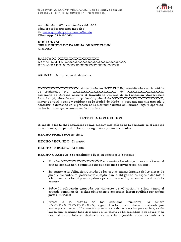 Modelo de Contestacion de Demanda Ejecutiva de Alimentos | PDF Modelo de Contestacion de Demanda Ejecutiva de Alimentos | PDF