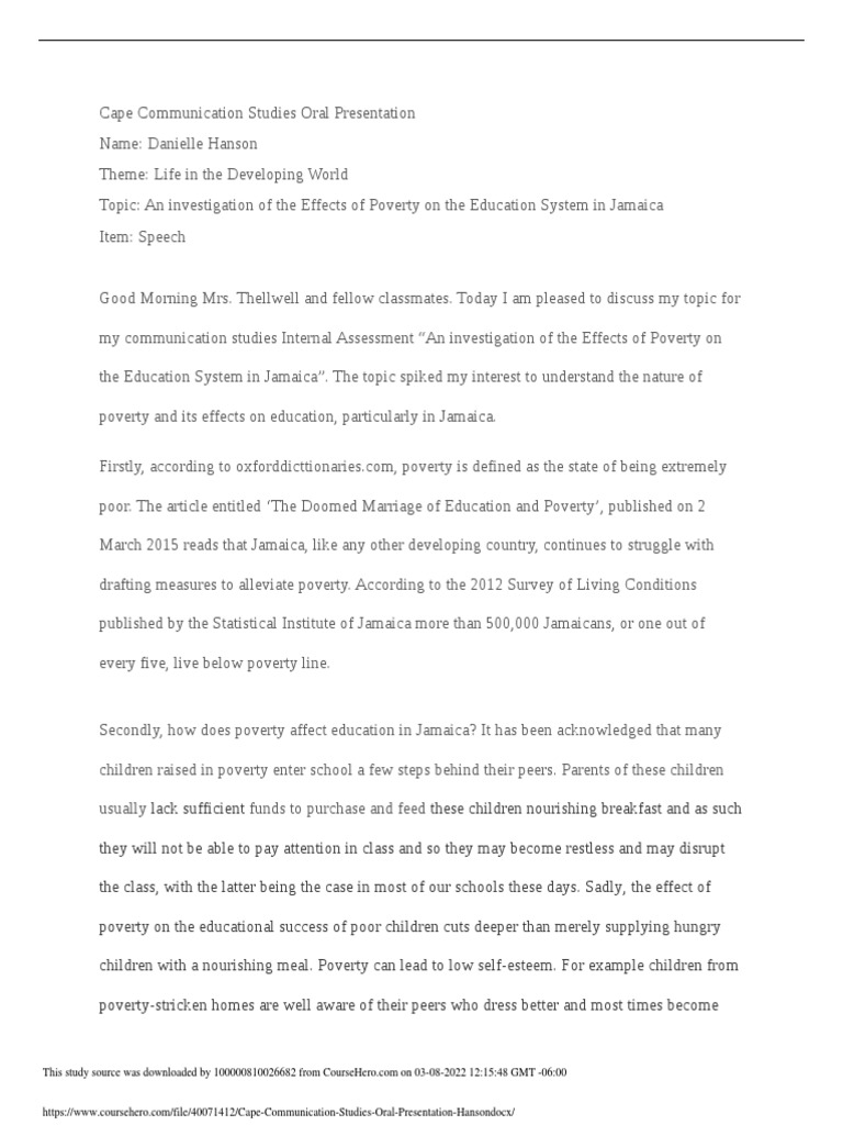Cape Communication Studies Oral Presentation Hanson | PDF | Poverty ...