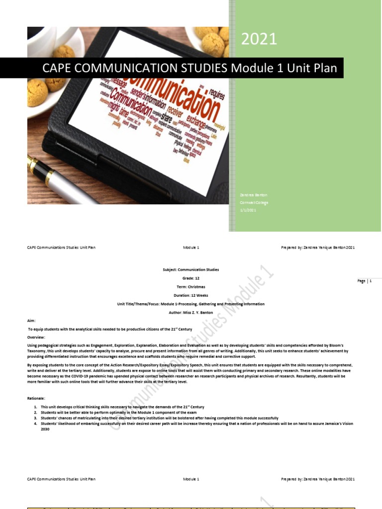 CAPE Communication Studies Unit Plan | PDF | Reading Comprehension ...