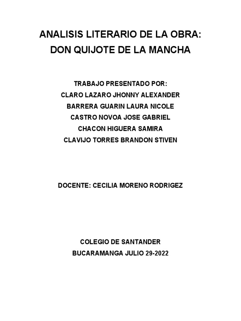 ANALIZIS LITERARIO DE LA OBRA Don Quijote de La Mancha 4 | PDF | Don ...