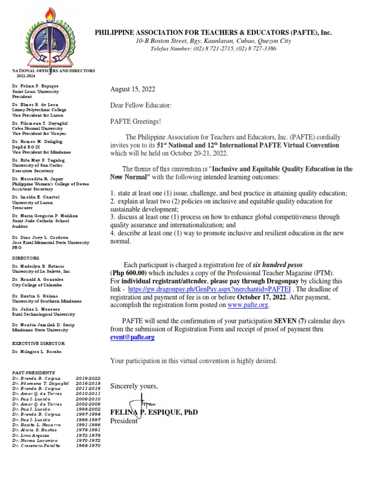 A Letter Pafte Individual 51ST Convention | PDF | Philippines
