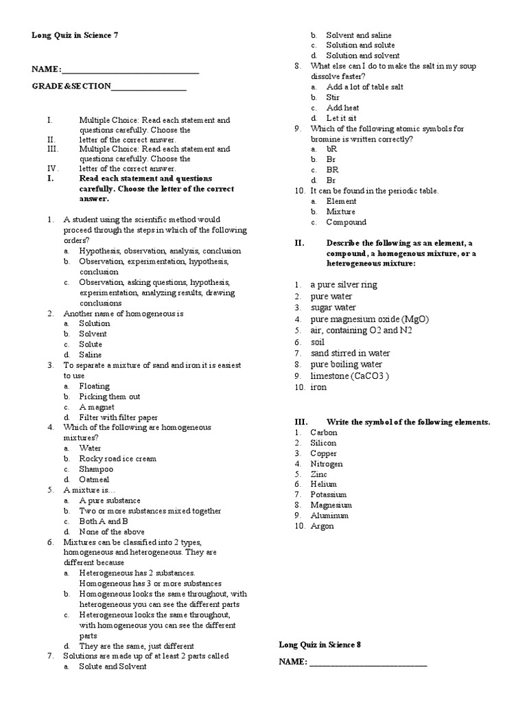 Long Quiz in Science 7 | PDF | Force | Mixture