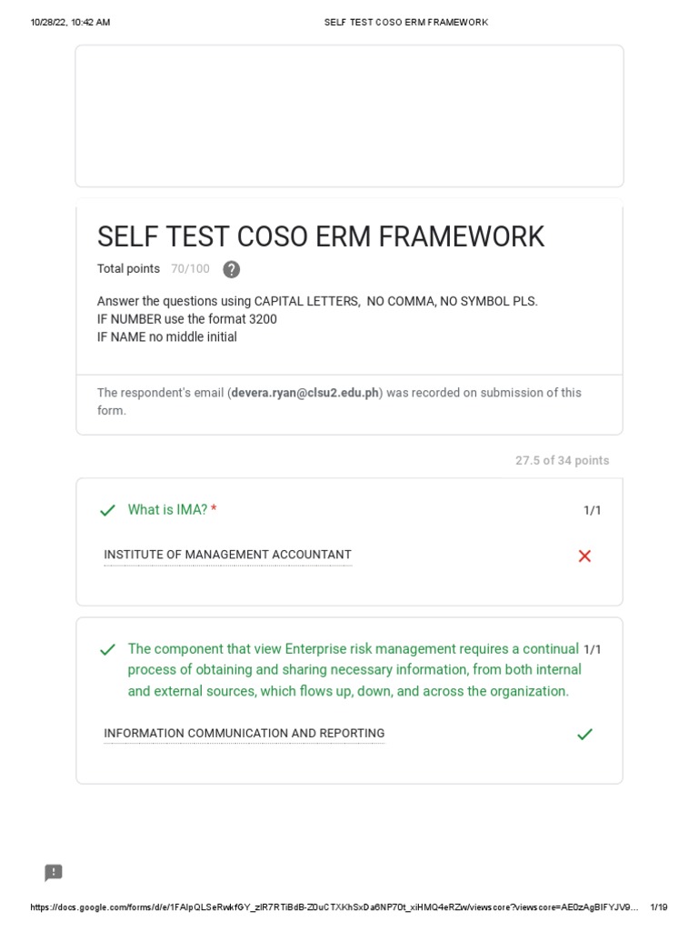 Self Test Coso Erm Framework | PDF | Enterprise Risk Management | Risk ...