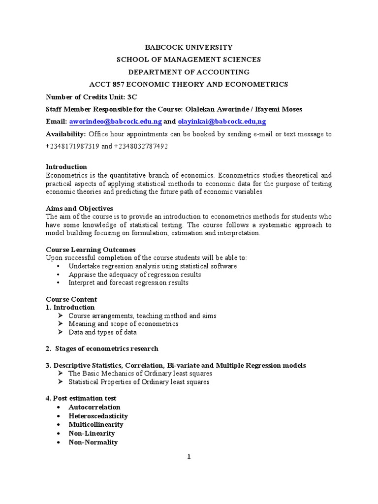 ACC 875 - Course Outline | PDF | Statistics | Econometrics