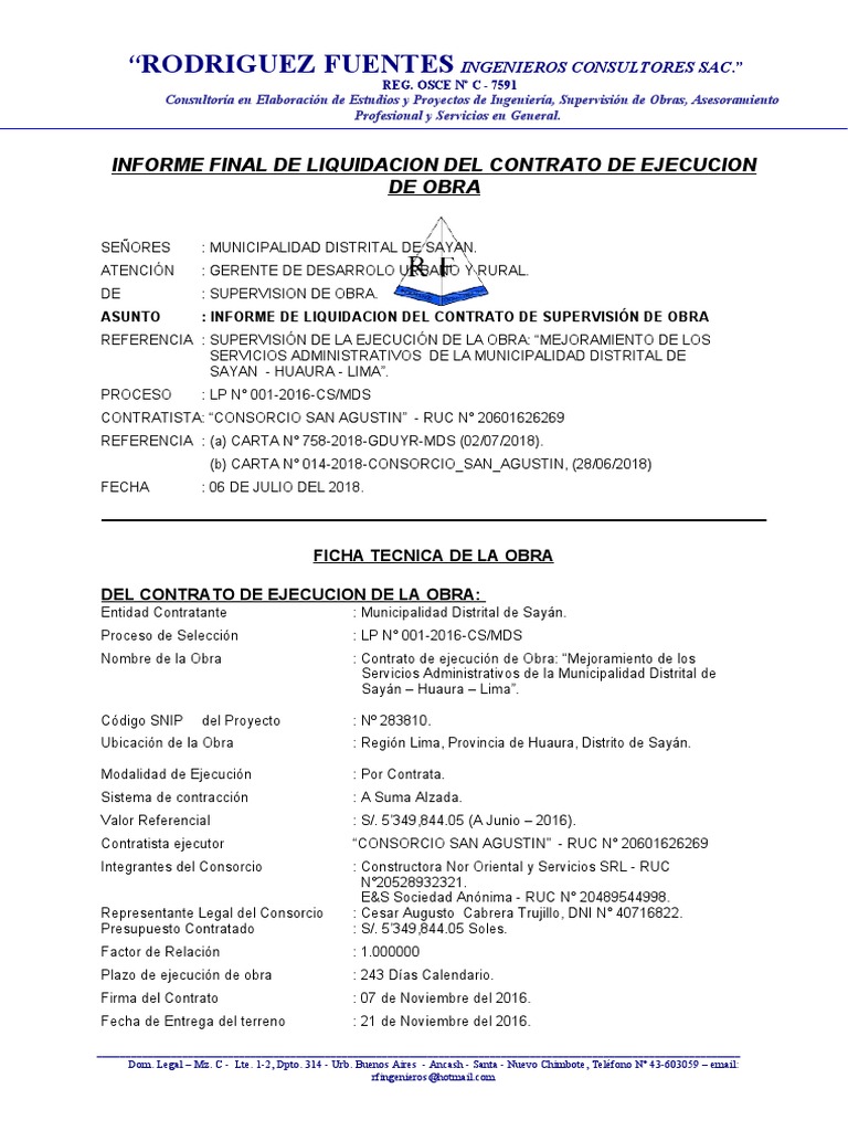 Informe Final de Liquidacion de Ejecucion de Obra | PDF | Ingeniero ...