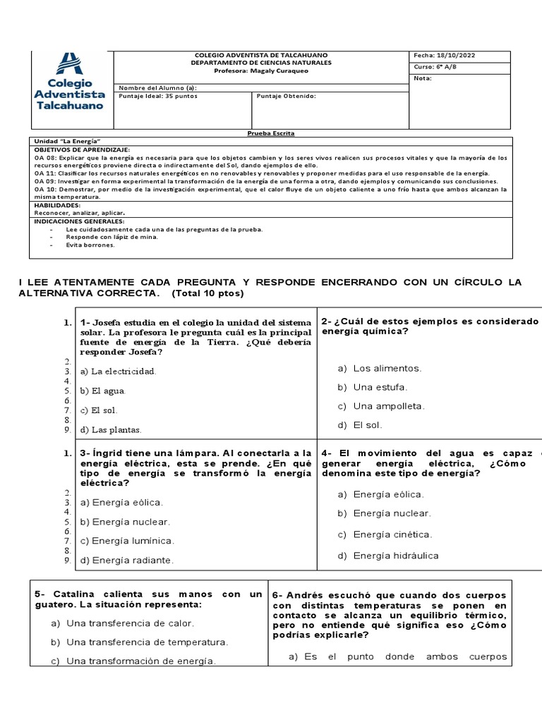 Prueba La Energía | PDF | Energía renovable | Temperatura