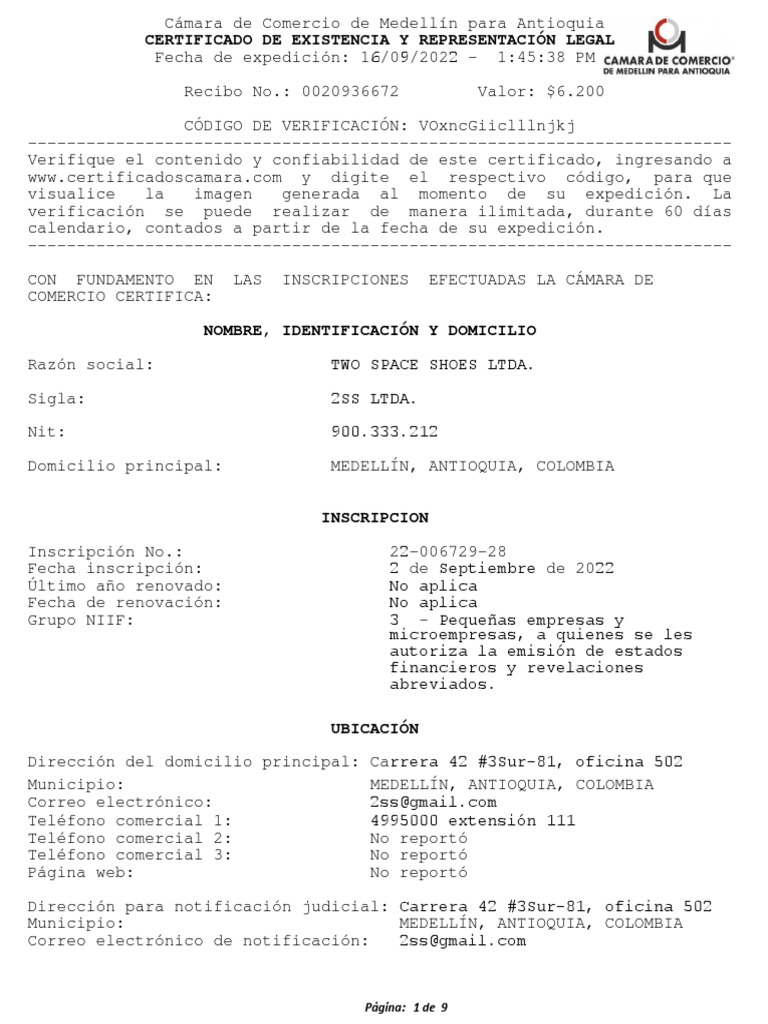 Certificado De Existencia Y Representación Legal Descargar Gratis Pdf