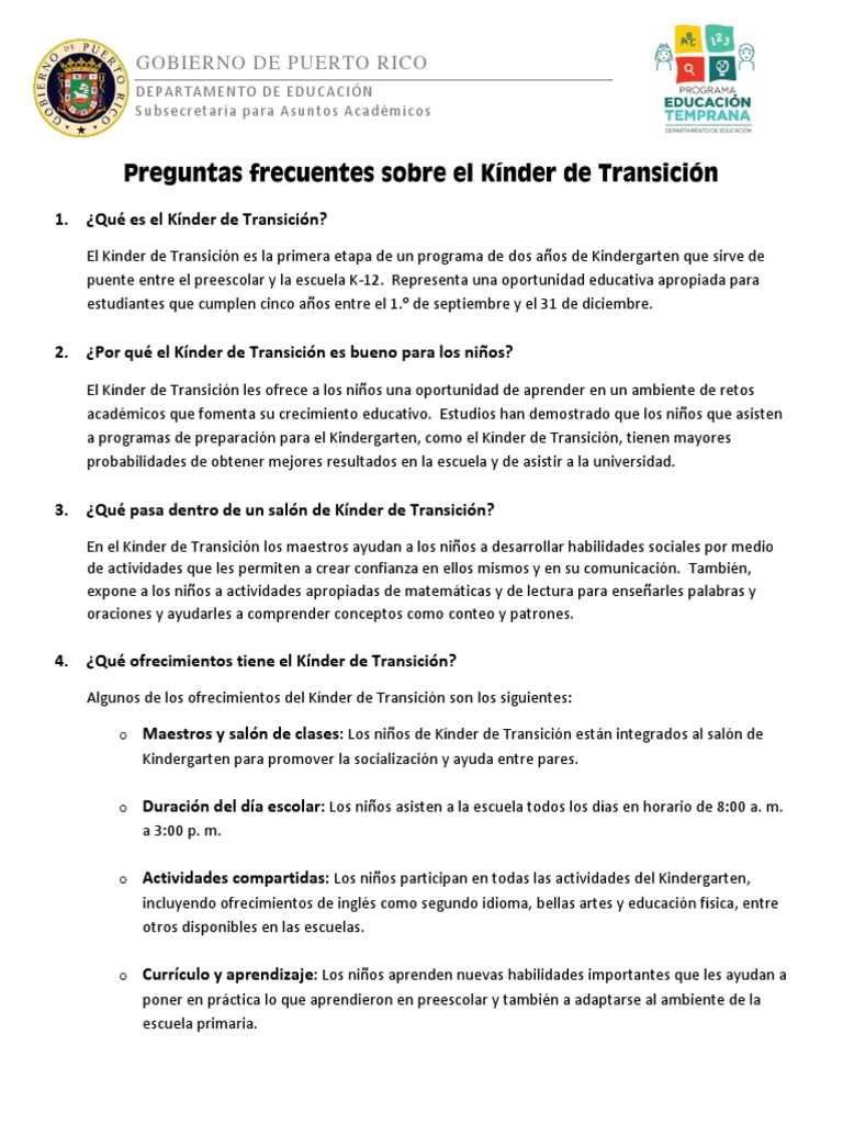 Preguntas Frecuentes Sobre El Kínder de Transición | PDF | Educación de ...
