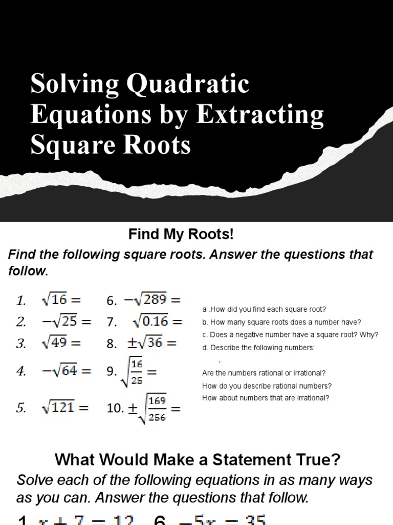 Solving Quadratic Equations by Extracting Square Roots | PDF | Numbers ...
