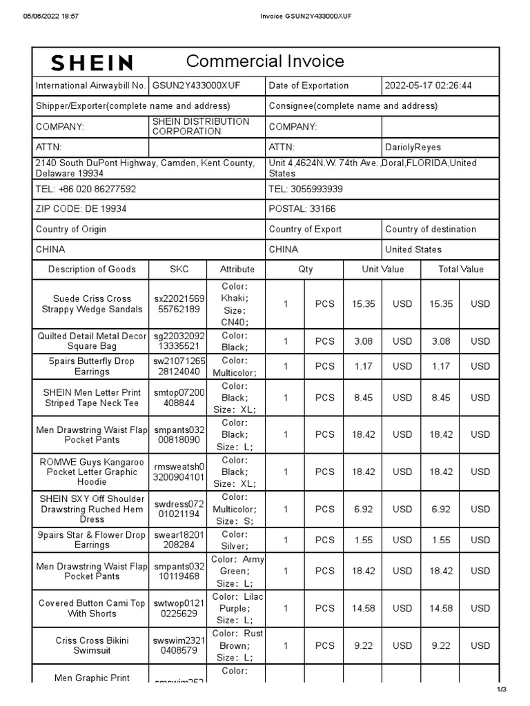 Invoice Gsun2y433000xuf | PDF | Clothing | Fashion