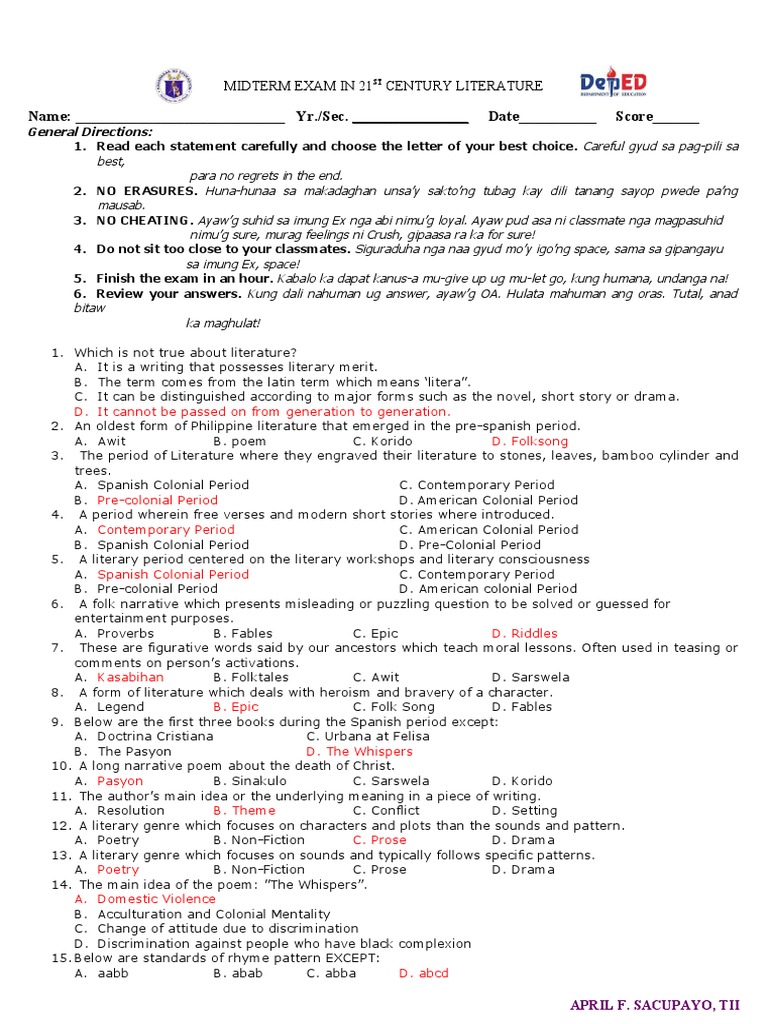 Midterm - Exam - On - 21ST - Century - Lit Final Key Answer | PDF | Poetry | Narrative
