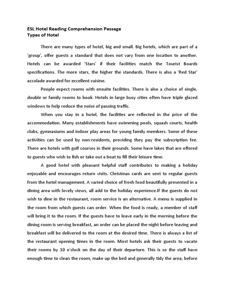 ESL Hotel Reading Comprehension Passage | PDF | Hotel | Restaurants