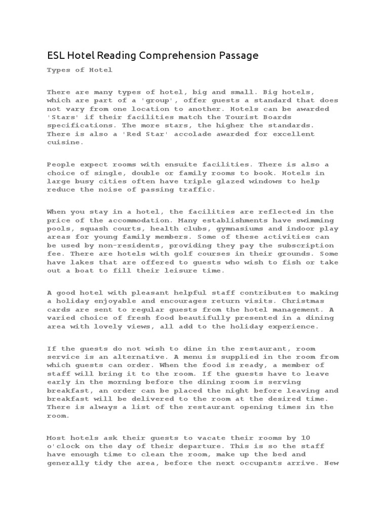 ESL Hotel Reading Comprehension Passage | Download Free PDF | Hotel ...