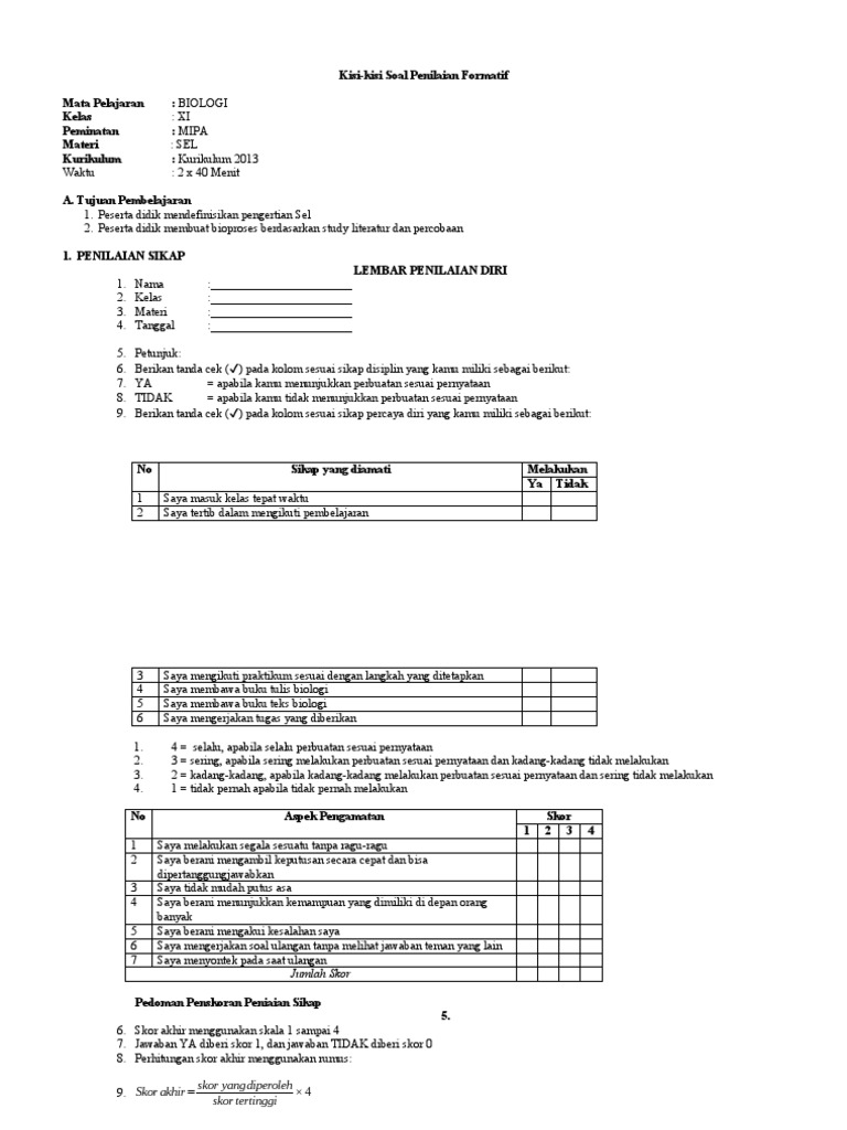 Contoh Kisi2, Soal Dan Rubrik Formatif | PDF