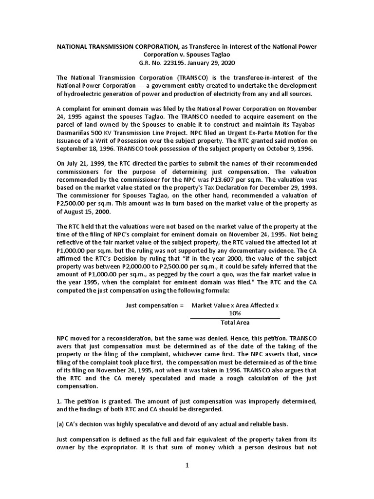 Transco v. Spouses Taglao | PDF | Just Compensation | Property