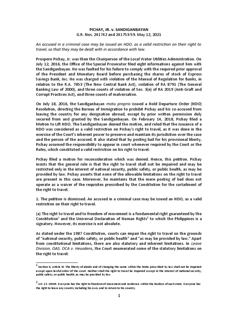 Pichay, Jr. v. Sandiganbayan | PDF | Freedom Of Movement | Human ...