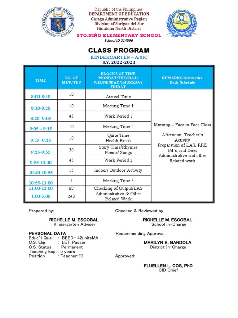 CLASS PROGRAM Kindergarten | PDF