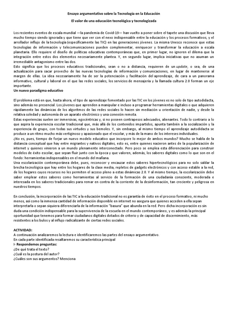 Ensayo argumentativo sobre la Tecnología en la Educación | PDF ...