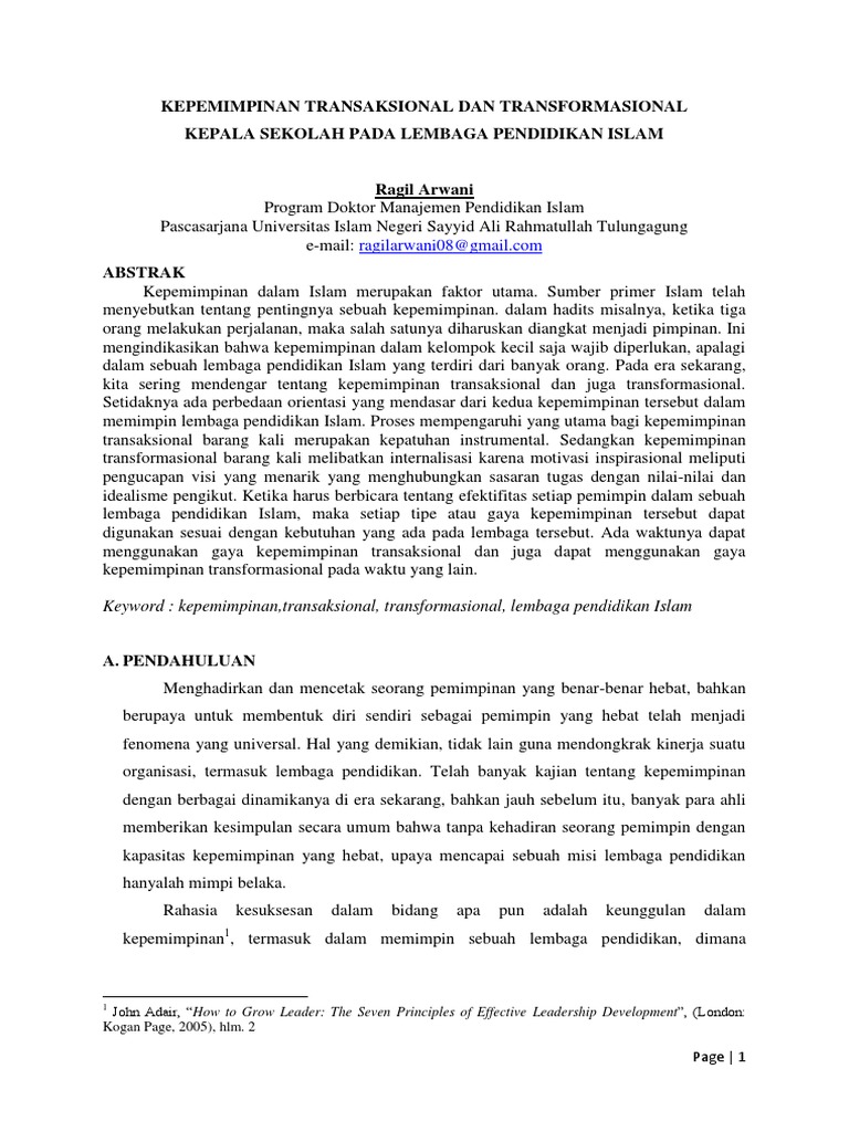 Kepemimpinan Transaksional vs Transformasional di Pendidikan Islam | PDF