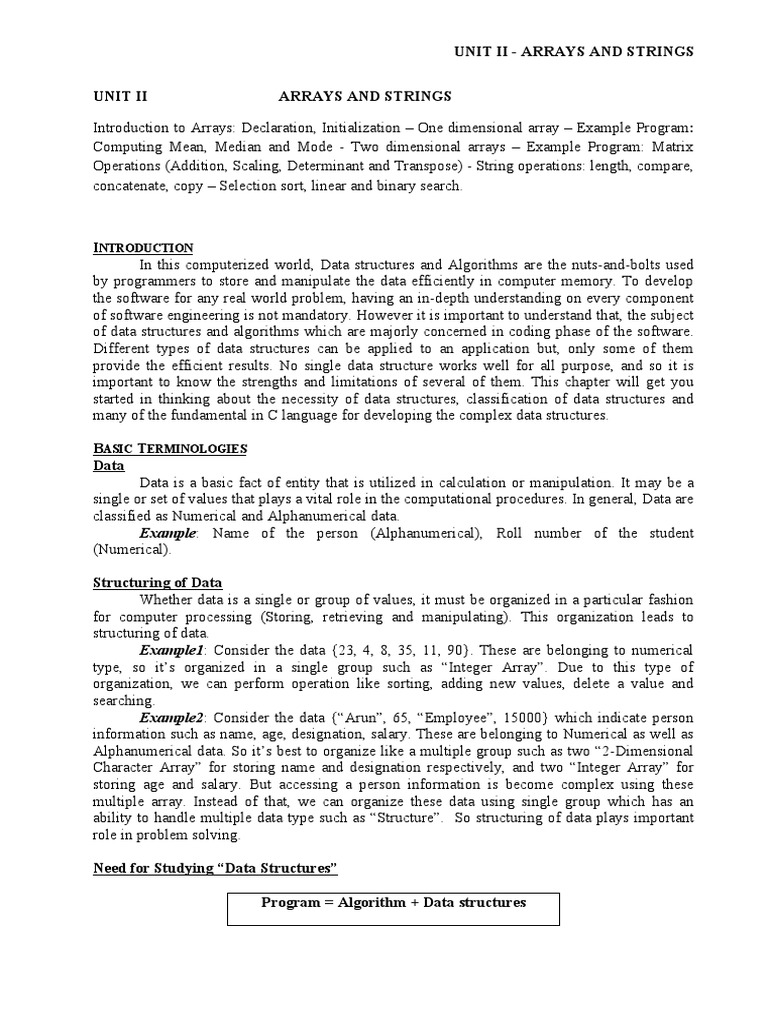 Unit II Arrays and Strings 1 | PDF | Determinant | Matrix (Mathematics)