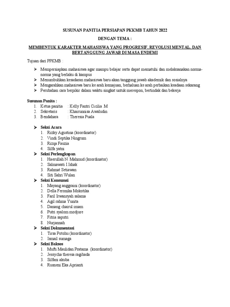 SUSUNAN PANITIA PERSIAPAN PKKMB TAHUN 2022 Put1-1 | PDF | Karier ...