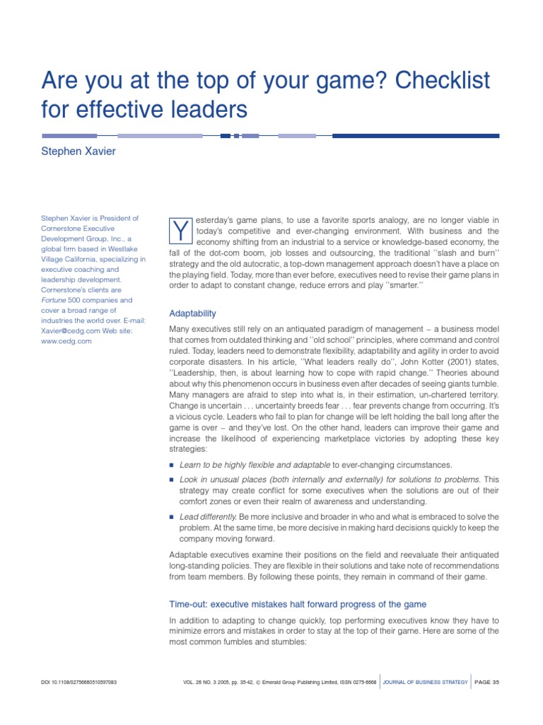 Are You at The Top of Your Game Checklist For Effective Leaders | PDF ...