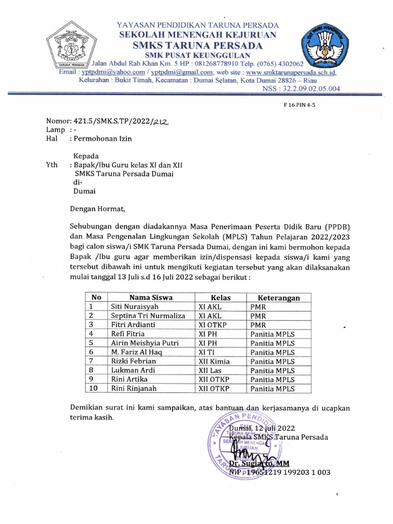 Izin Mengikuti Kegiatan MPLS TP 2022-2023 | PDF