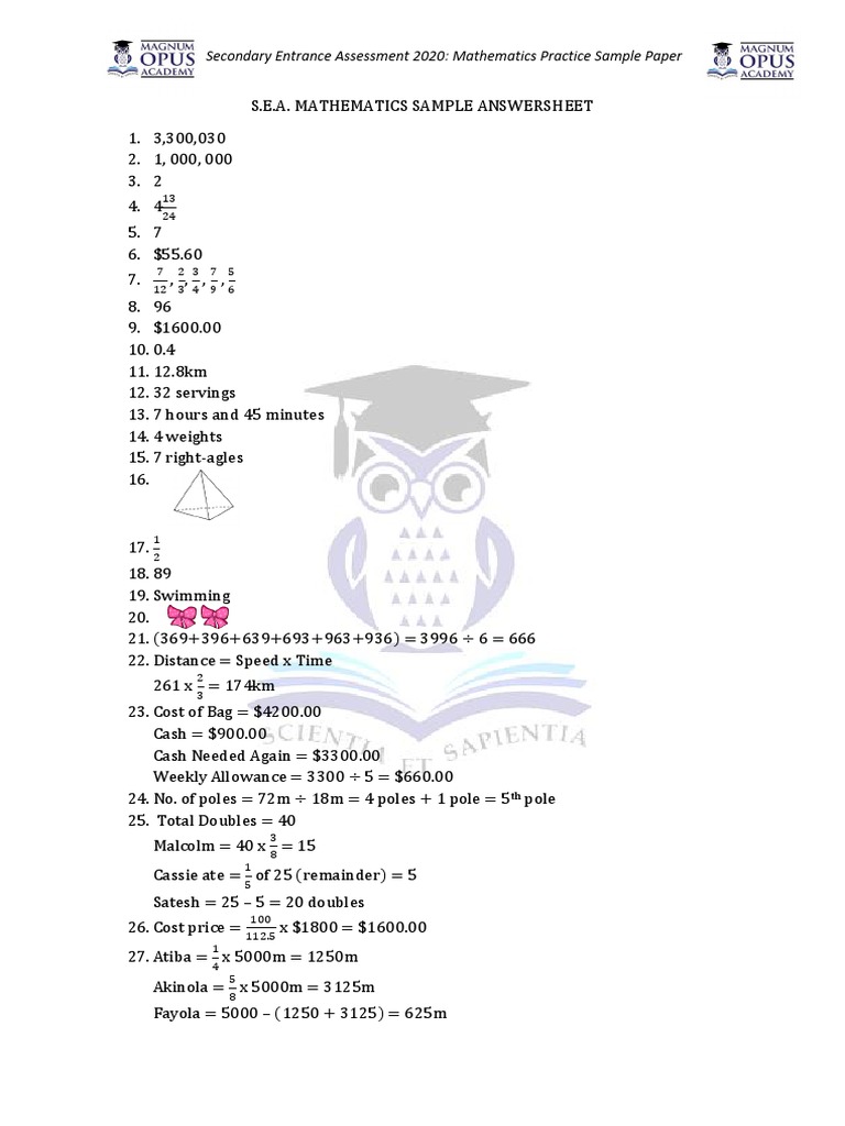 S.E.A. Mathematics Sample Paper Answer Sheet | PDF