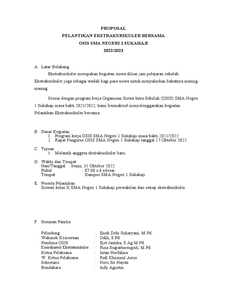 Proposal Pelantikan Ekskul Bersama 2022 | PDF