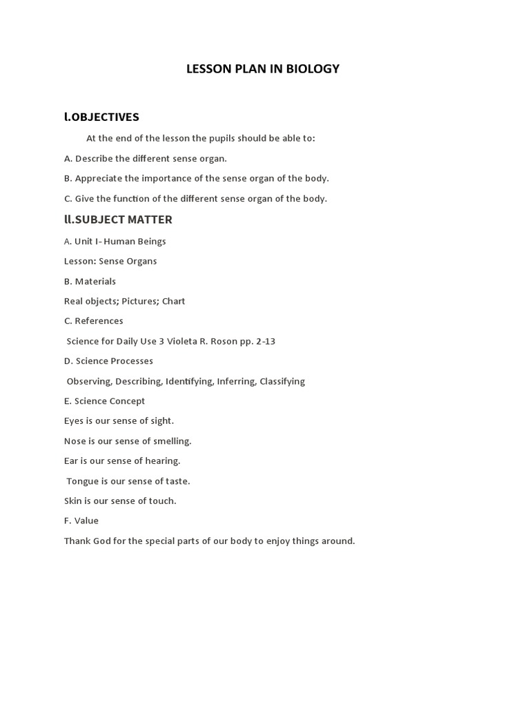 Lesson Plan | PDF | Senses | Perception