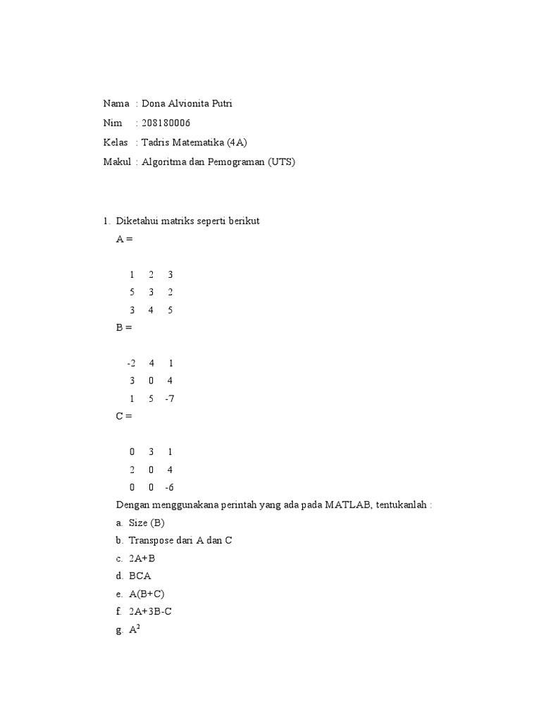 Tugas UTS Algoritma dengan MATLAB | PDF