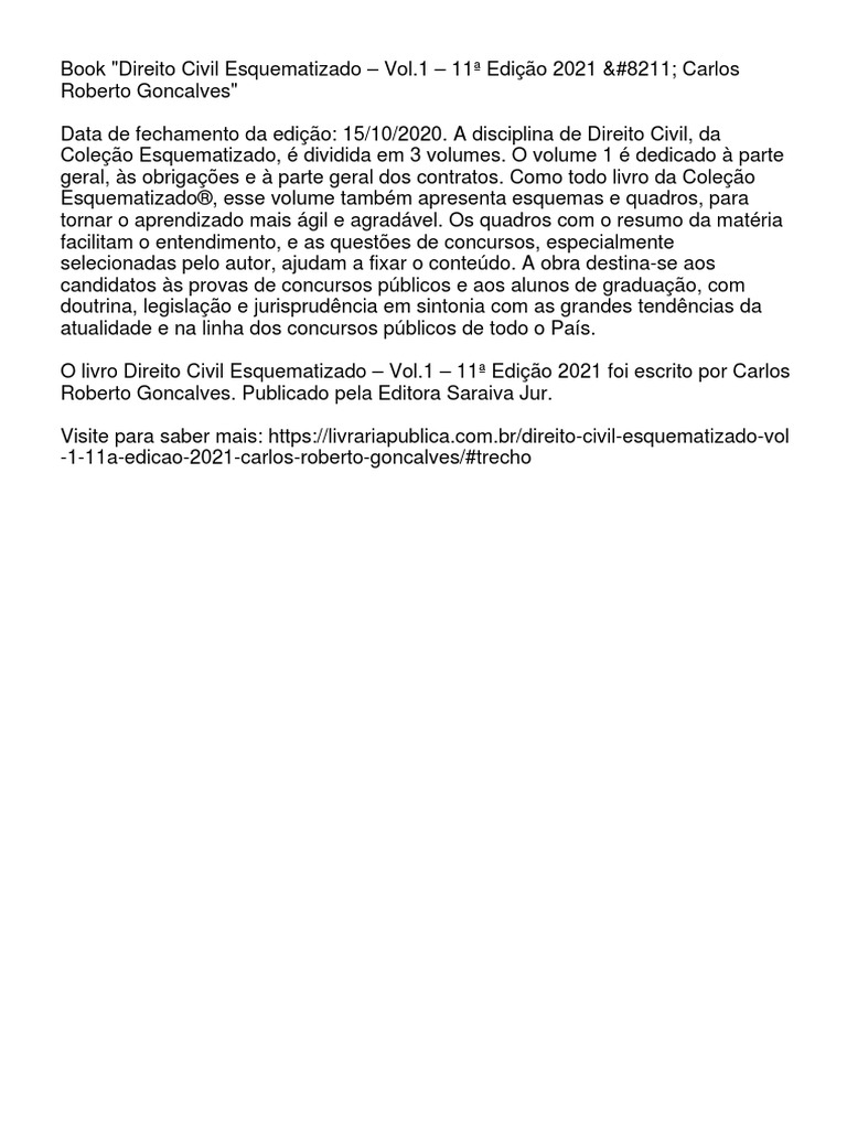 Direito Civil Esquematizado - Vol.1 - 11 Edição 2021 – Carlos Roberto ...