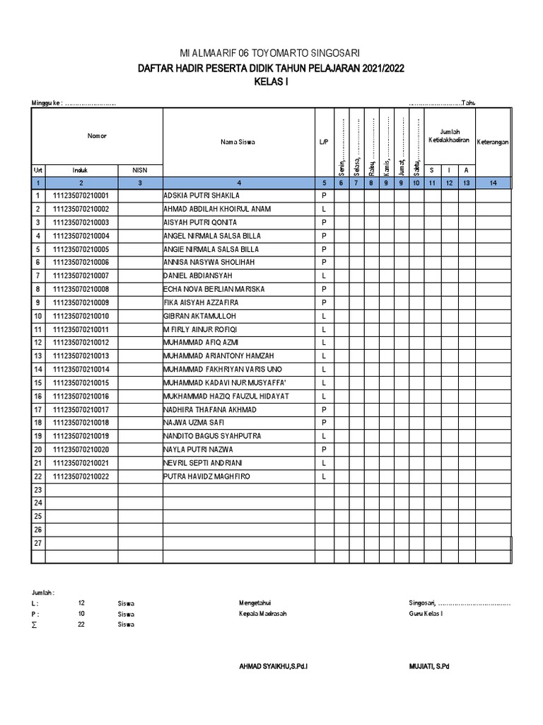 Presensi Peserta Didik Baru 2021 2022 Pdf