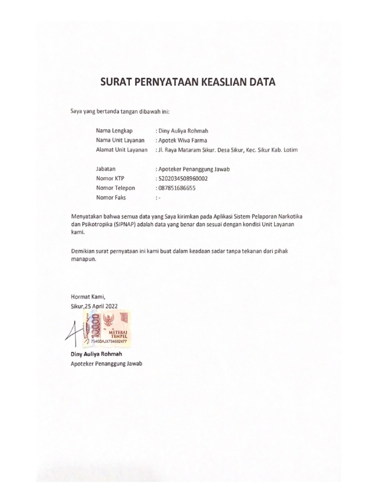 Surat Pernyataan Keaslian Data | PDF