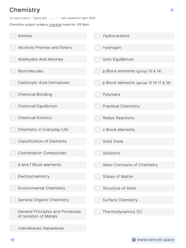 Chemistry Checklist For JEE Main | PDF