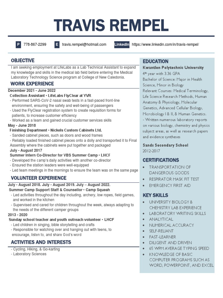 Resume - Travis Rempel - Lifelabs Lab Technical Assistant | PDF | Laboratories | Science