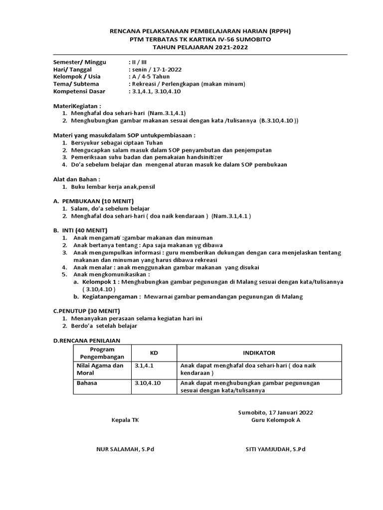 RPPH PTM Terbatas TK Kartika IV-56 | PDF
