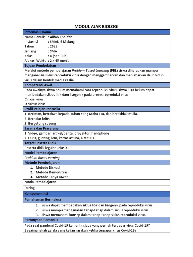 MODUL AJAR BIOLOGI Reproduksi Virus | PDF