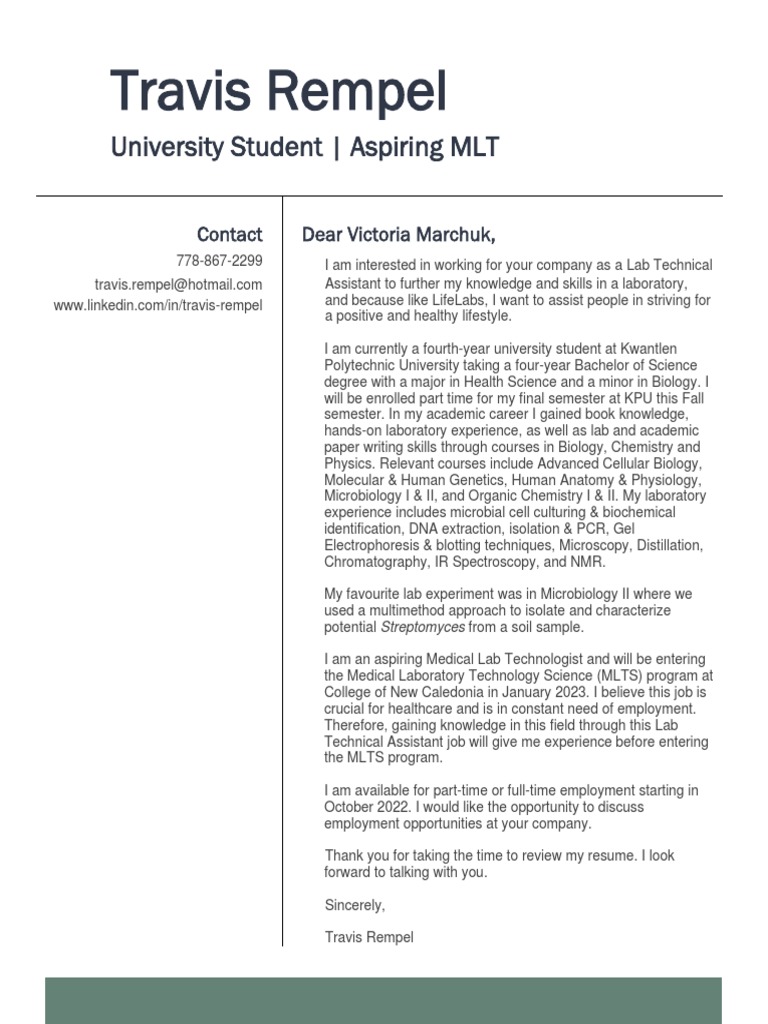 Cover Letter - Travis Rempel - Lifelabs Lab Technical Assistant | PDF ...