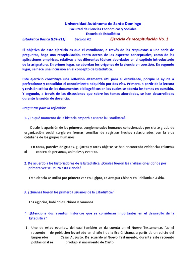 Ejercicio de Recapitulacion No. 1 | PDF | Estadísticas | Estadísticas ...