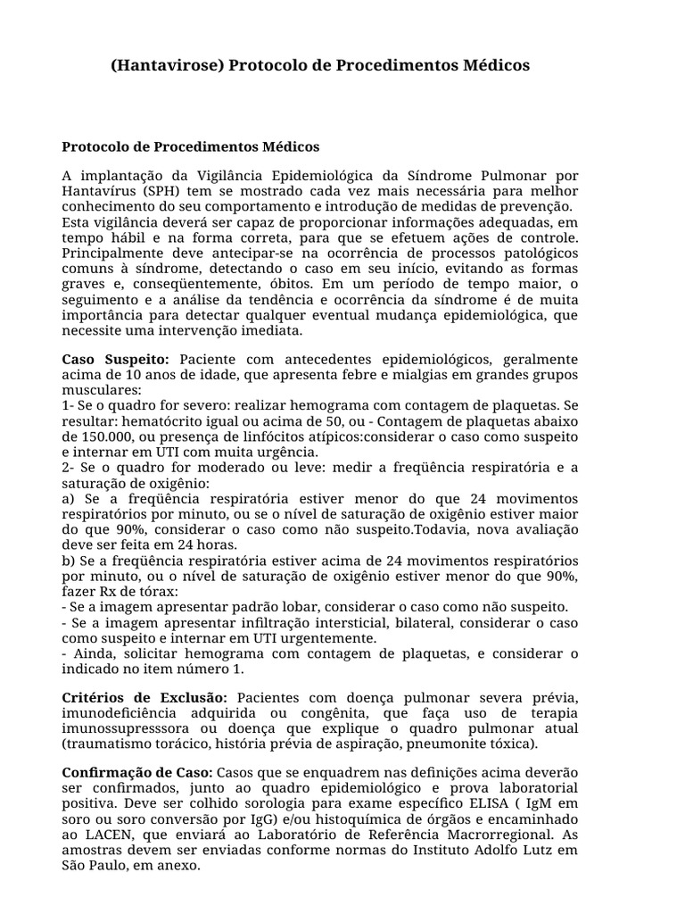 (Hantavirose) Protocolo de Procedimentos Médicos - Secretaria Da Saúde ... (Hantavirose) Protocolo de Procedimentos Médicos - Secretaria Da Saúde ...