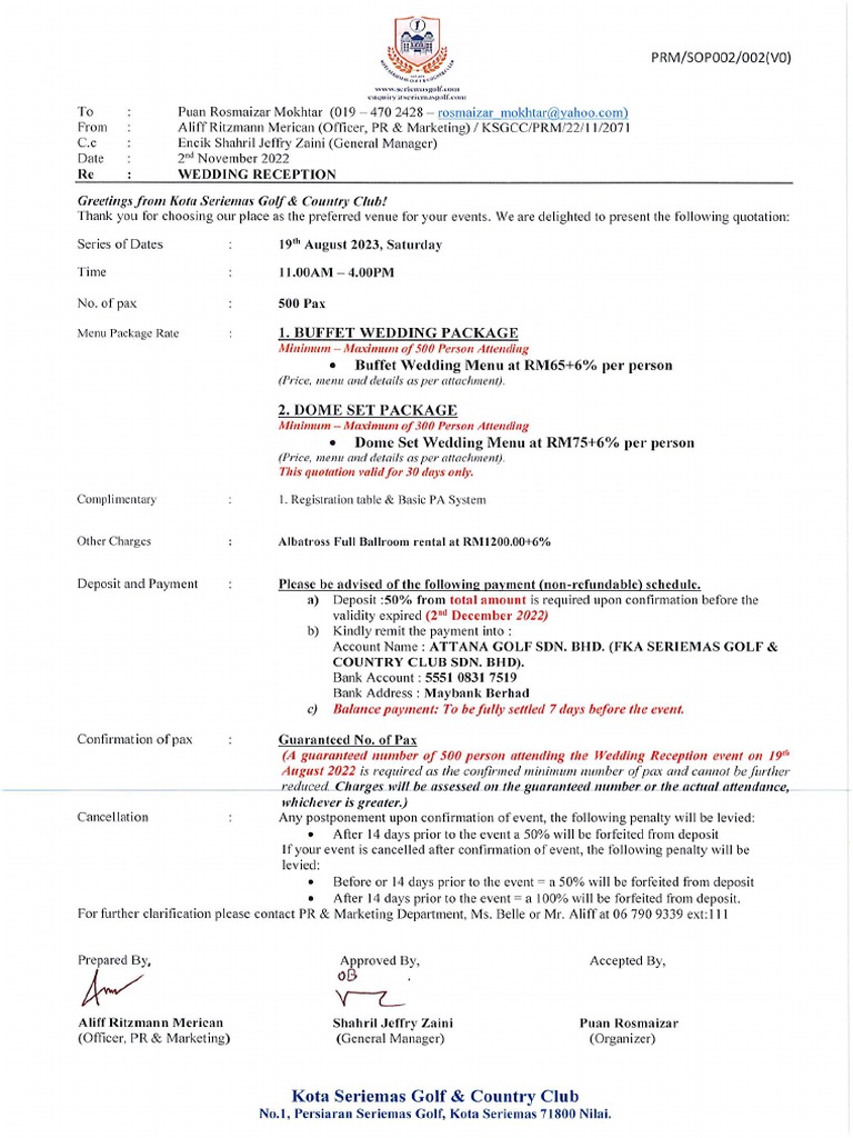 Wedding Reception - Quotation - Puan Rosmaizar Mokhtar - 19th August ...