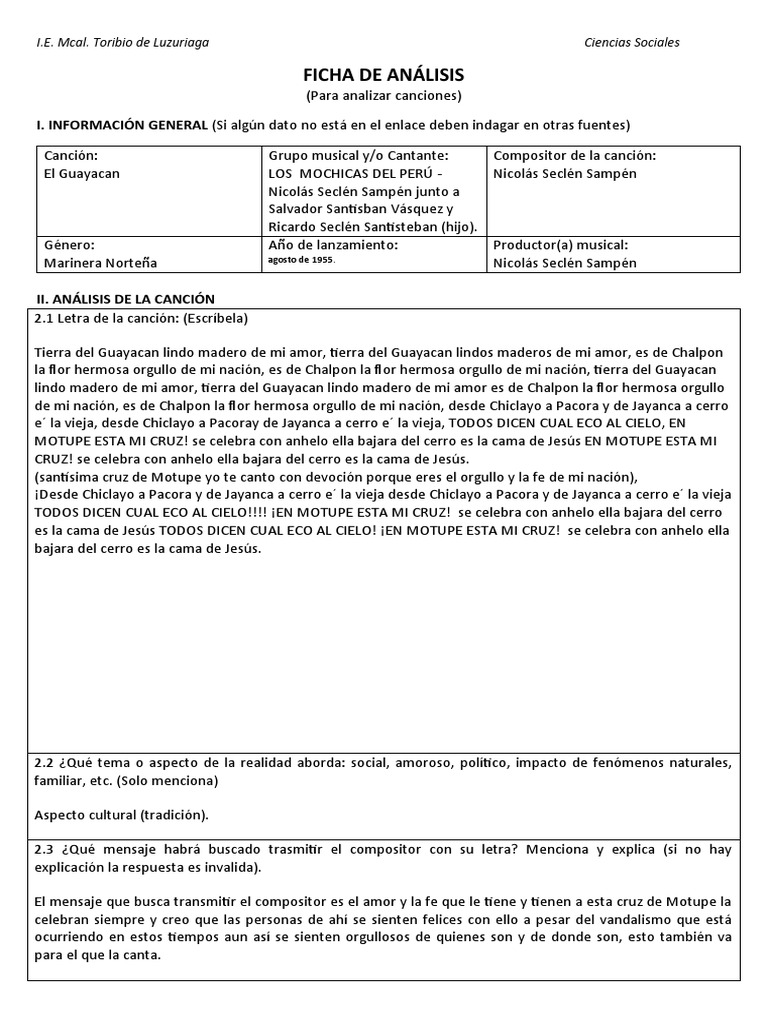 Ficha de Análisis - Canciones - 2022 | PDF | Canciones