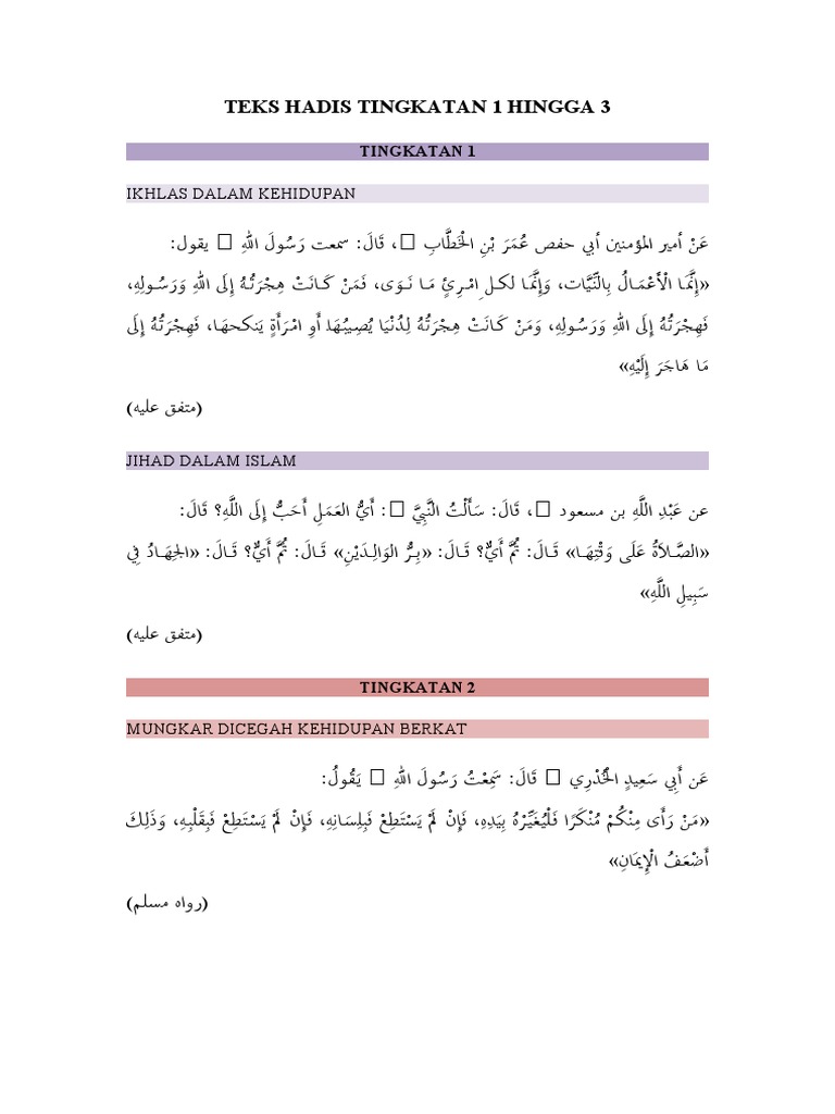 Teks Hadis Tingkatan 1 Hingga 3 | PDF